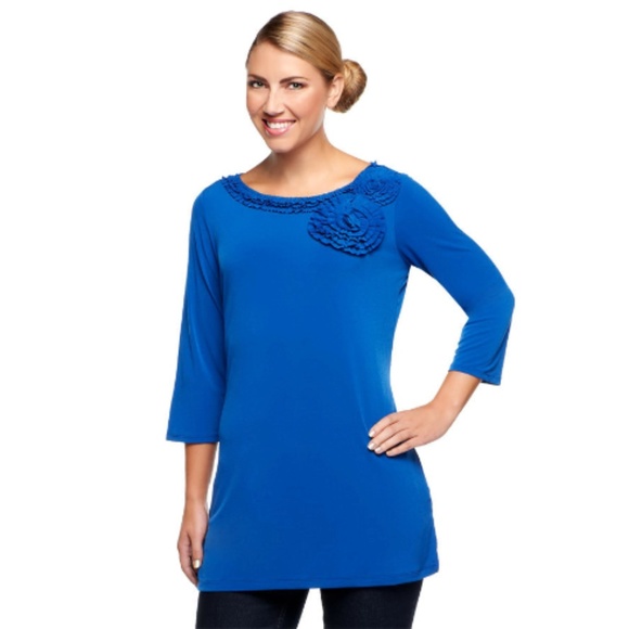 Susan Graver | Tops | Susan Graver Tunic Top With Origami Flower Trim ...